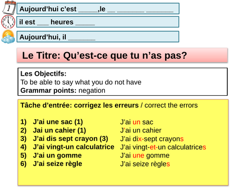 Y7 - Dans mon sac je n'ai pas / school equipment do not in French ...