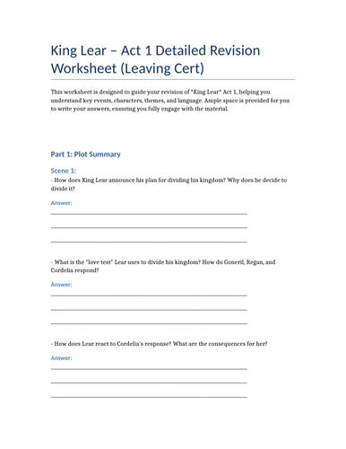 King Lear Act 1 Revision sheet | Teaching Resources