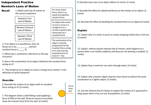 GCSE Science - Newton's Laws - Recall, Describe, Explain Independent ...
