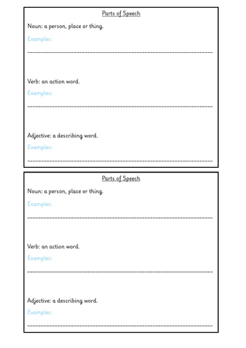 Parts of Speech Mini Worksheet | Teaching Resources