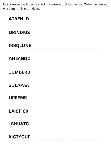 summer unscramble worksheet answers | Teaching Resources