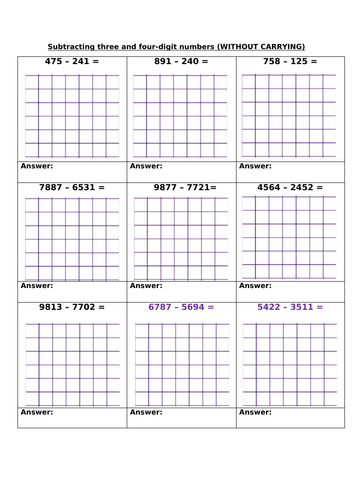 Subtraction worksheet- Three and Four digits | Teaching Resources