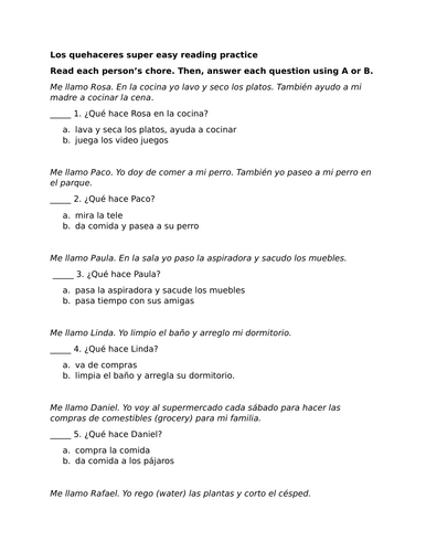 Los quehaceres super easy reading practice | Teaching Resources