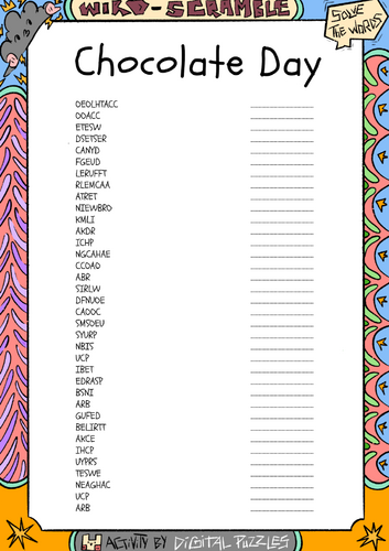 National Chocolate Day word scramble puzzle worksheet activity ...