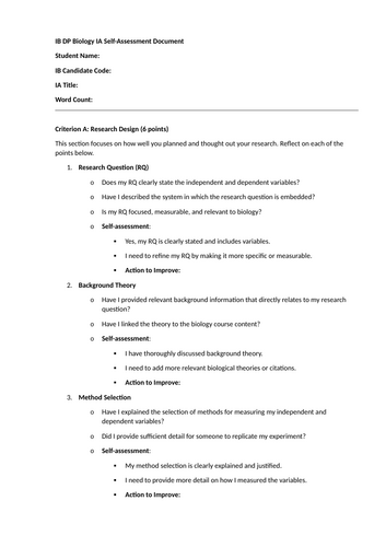Self-assessment document. IA Biology (new guide) | Teaching Resources