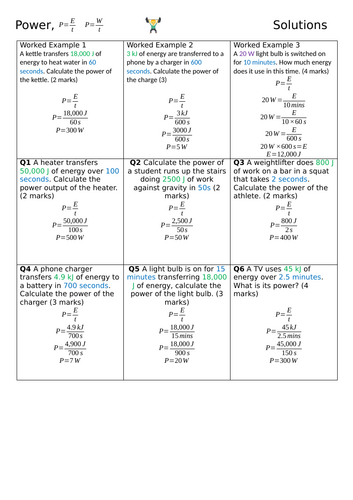 GCSE Science - Foundation Power P=E/t Calculations (SLOP with answers ...