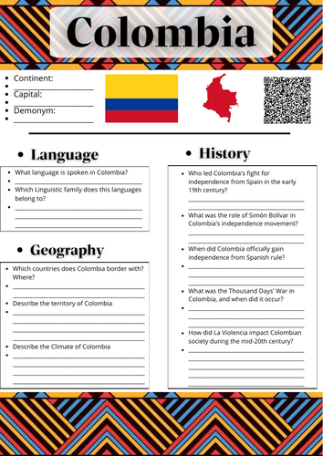 Country Study Worksheets on Colombia - South America | Teaching Resources