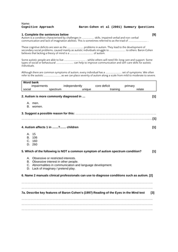 Baron Cohen et al 2001 CIE | Teaching Resources
