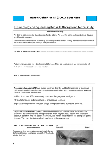 Baron Cohen et al 2001 CIE | Teaching Resources