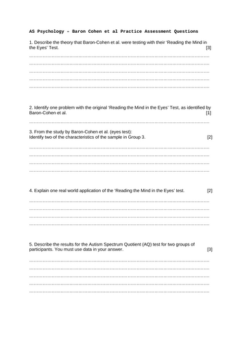 Baron Cohen et al 2001 CIE | Teaching Resources