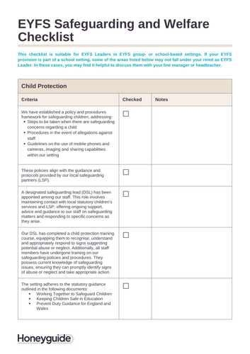 EYFS Safeguarding and Welfare Checklist | Teaching Resources
