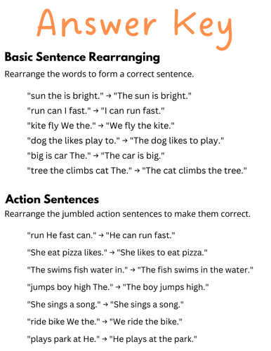 printable simple rearrange sentences worksheet for grade 1 with answers | Teaching Resources