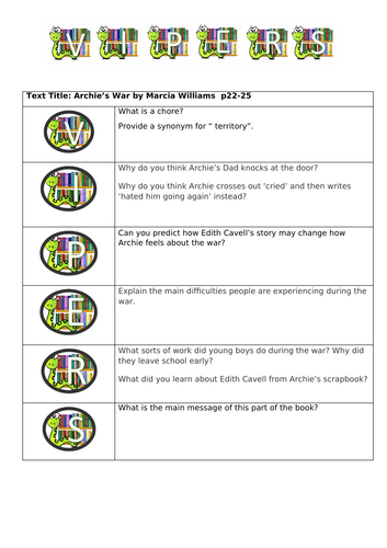 Archie's War VIPERS style comprehension questions | Teaching Resources