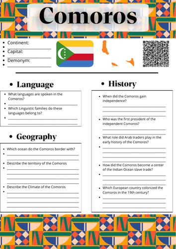 Country Study Worksheets on the Comoros - Africa | Teaching Resources