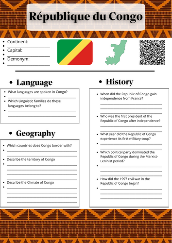 Country Study Worksheets on the Republic of Congo - Africa | Teaching ...