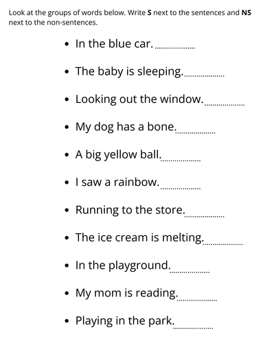 sentence and non sentence worksheet for grade 1 | Teaching Resources