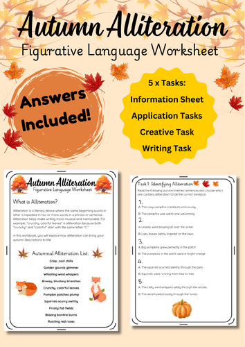 Autumn / Fall Alliteration Figurative Language English Workbook ...
