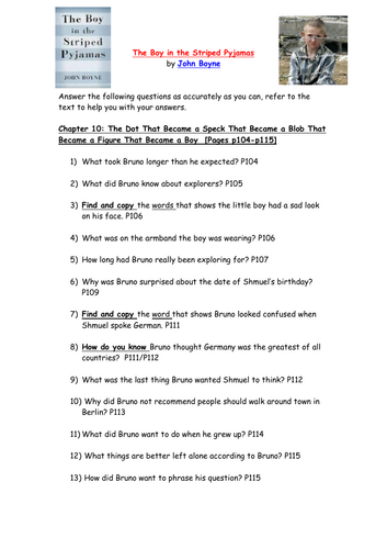 The Boy in the Striped Pyjamas Comprehension [Chapter 10] | Teaching ...