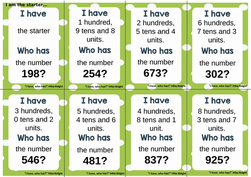 I Have Who Has? Maths Starter Game 3 digit numbers | Teaching Resources