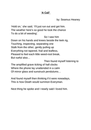 ' A Call' by Seamus Heaney | Teaching Resources