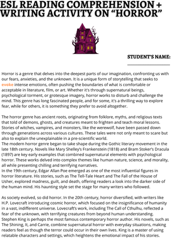 ESL Reading Comprehension + Writing Activity Worksheets on "Horror ...