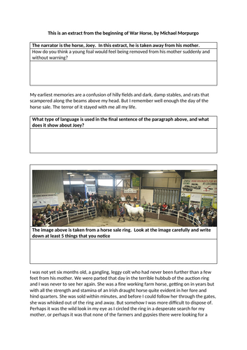 English KS3 / KS4 War Horse Comprehension and Analysis Joey is Sold ...