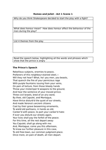 English Literature KS3 / KS4 Romeo and Juliet Act 1 Scene 1 The Prince ...