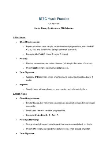 BTEC Music Practice C1 Revision (Music Theory for Genres) | Teaching ...