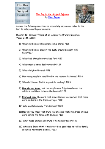 The Boy in the Striped Pyjamas Comprehension [Chapter 12] | Teaching ...