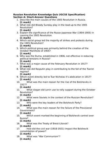 Causes of the Russian Revolution Quiz | Teaching Resources