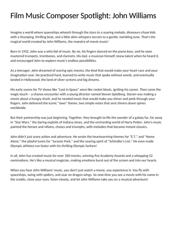 KS3 Music Cover - John Williams Film Composer | Teaching Resources