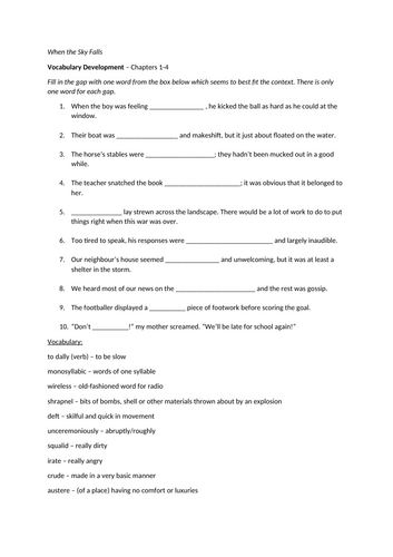 When The Sky Falls Phil Earle vocabulary sheet | Teaching Resources