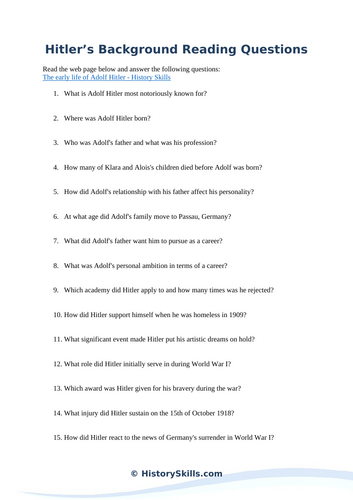 Hitler’s Early Years Reading Questions Worksheet | Teaching Resources
