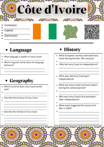 Country Study Worksheets on Ivory Coast - Westeren Africa | Teaching ...