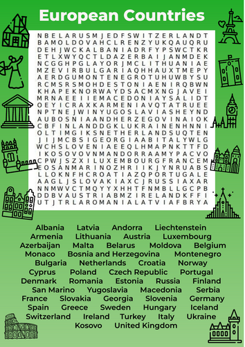 European Countries Wordsearch KS3 KS2 Geography | Teaching Resources
