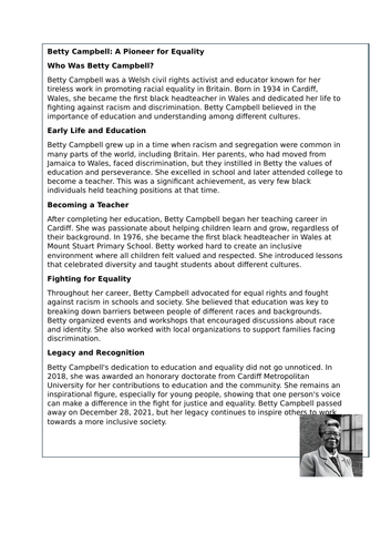 Betty Campbell reading comprehension | Teaching Resources