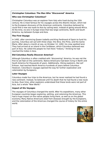 Christopher Columbus reading comprehension | Teaching Resources