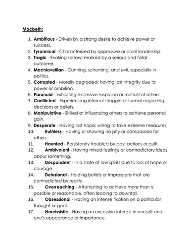 MACBETH - VOCABULARY FOR EACH CHARACTER | Teaching Resources