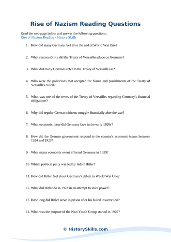 Rise of Nazism Reading Questions Worksheet | Teaching Resources