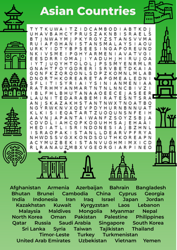 Word search Geography Asian Countries KS2/3 | Teaching Resources
