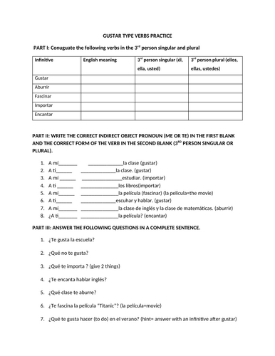 Gustar verbs quiz (me, te) | Teaching Resources