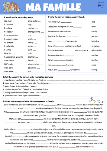 French My Family Worksheet + Song (NEW GCSE) | Teaching Resources