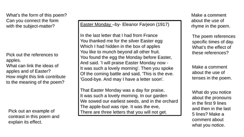 "Easter Monday" War Poetry Eleanor Farjeon Pre Reading HW Revision ...