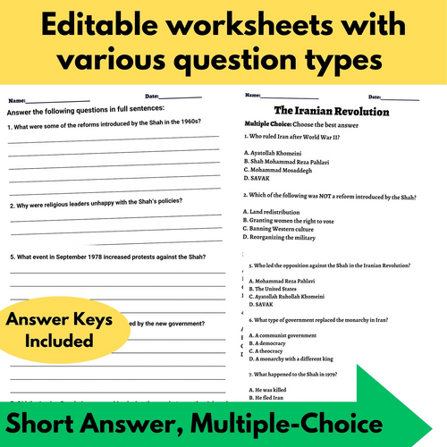 Iranian Revolution Lesson - Reading Comprehension & Editable Worksheets ...