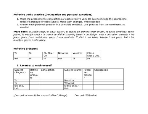 Reflexive verbs practice (Conjugation and personal questions ...