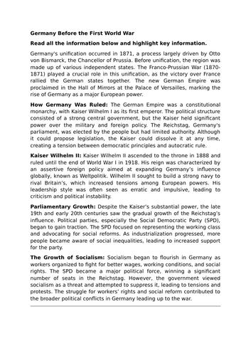 AQA Nazi Germany (Homework) - 1. What was Germany like before the First ...