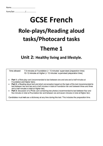GCSE 2026 - Unit2 - Healthy living and lifestyle - speaking booklets | Teaching Resources