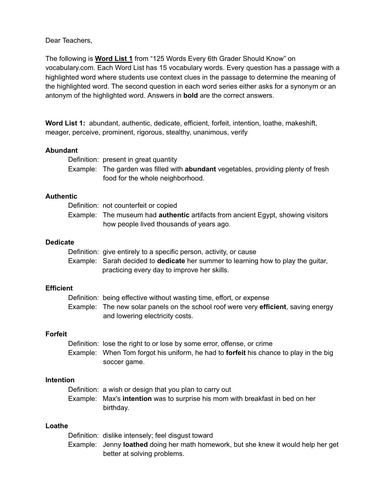 Grade 6 Vocabulary Word List 1 Passages and Questions Lesson | Teaching ...