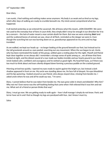 A Long Walk to Walk. - Salva diary entry WAGOLL | Teaching Resources