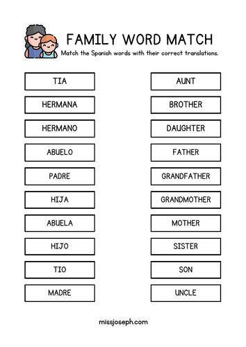 Family-Themed English-Spanish Word Match | Teaching Resources